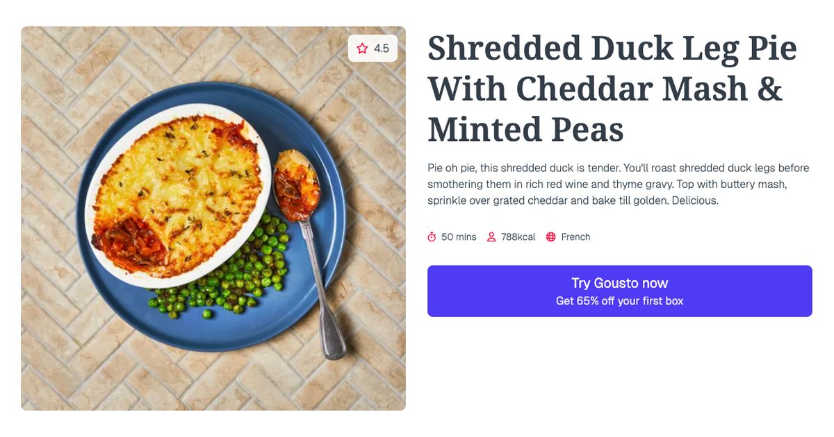 Shredded Duck Leg Pie With Cheddar Mash & Minted Peas (50 mins ...