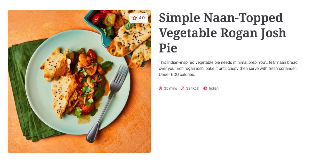 Simple Naan-Topped Vegetable Rogan Josh Pie (35 mins) | Gousto Recipe ...