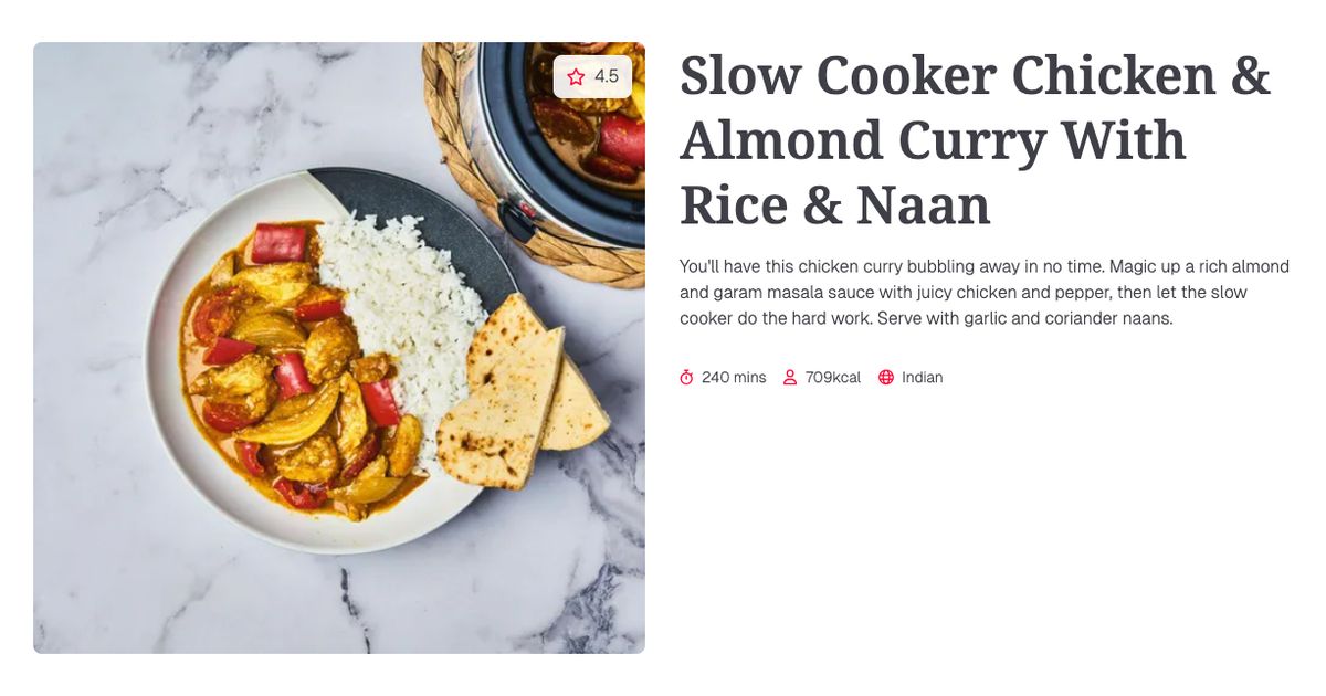 Slow Cooker Chicken & Almond Curry With Rice & Naan (240 mins) | Gousto ...