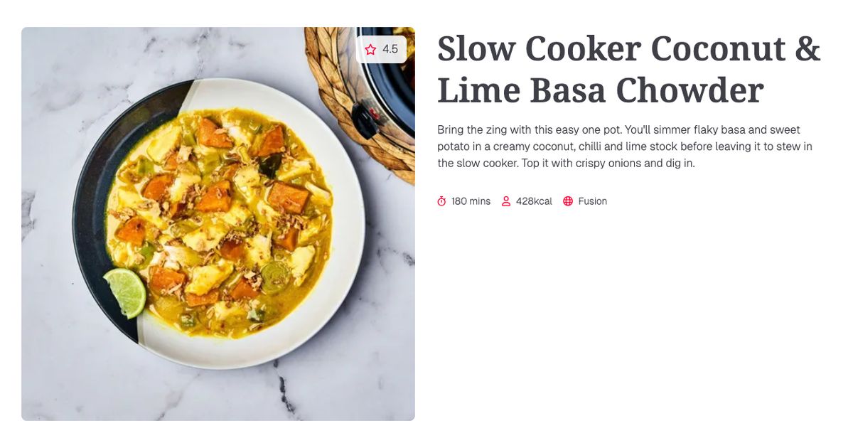 Slow Cooker Coconut & Lime Basa Chowder (180 mins) | Gousto Recipe Search