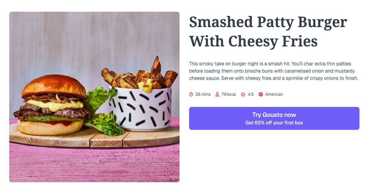 Smashed Patty Burger With Cheesy Fries (35 mins) | Gousto Recipe Search