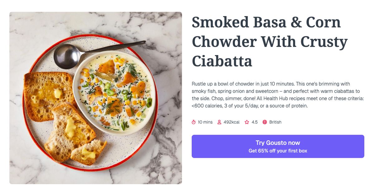 Smoked Basa & Corn Chowder With Crusty Ciabatta (10 mins) | Gousto ...