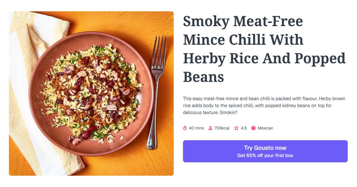 Smoky Meat-Free Mince Chilli With Herby Rice And Popped Beans (40 mins) | Gousto Recipe Search