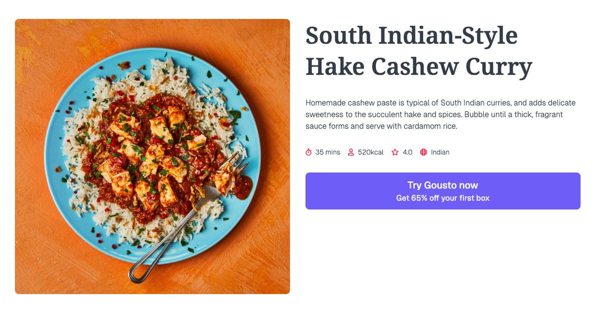 South Indian-Style Hake Cashew Curry (35 mins) | Gousto Recipe Search