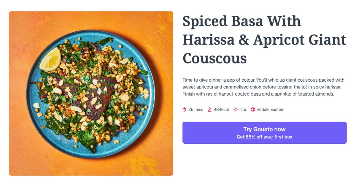 Spiced Basa With Harissa & Apricot Giant Couscous (25 mins) | Gousto ...