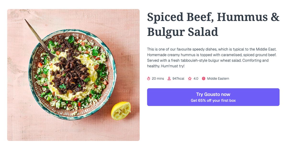 Spiced Beef, Hummus & Bulgur Salad (20 mins) | Gousto Recipe Search