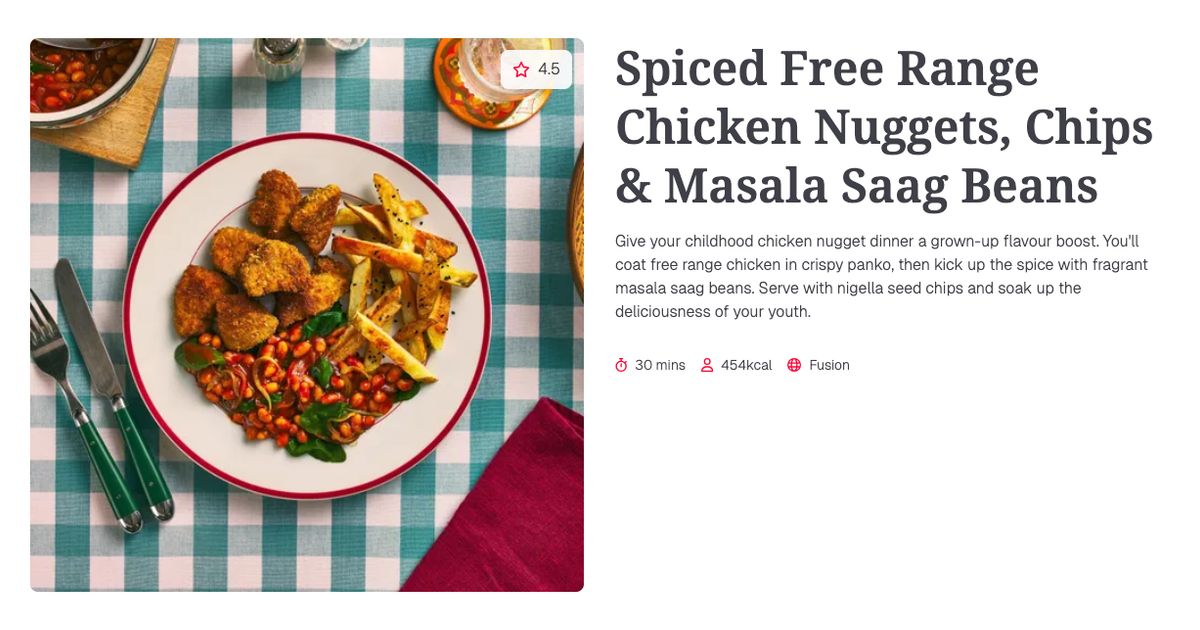Spiced Free Range Chicken Nuggets, Chips & Masala Saag Beans (30 mins ...