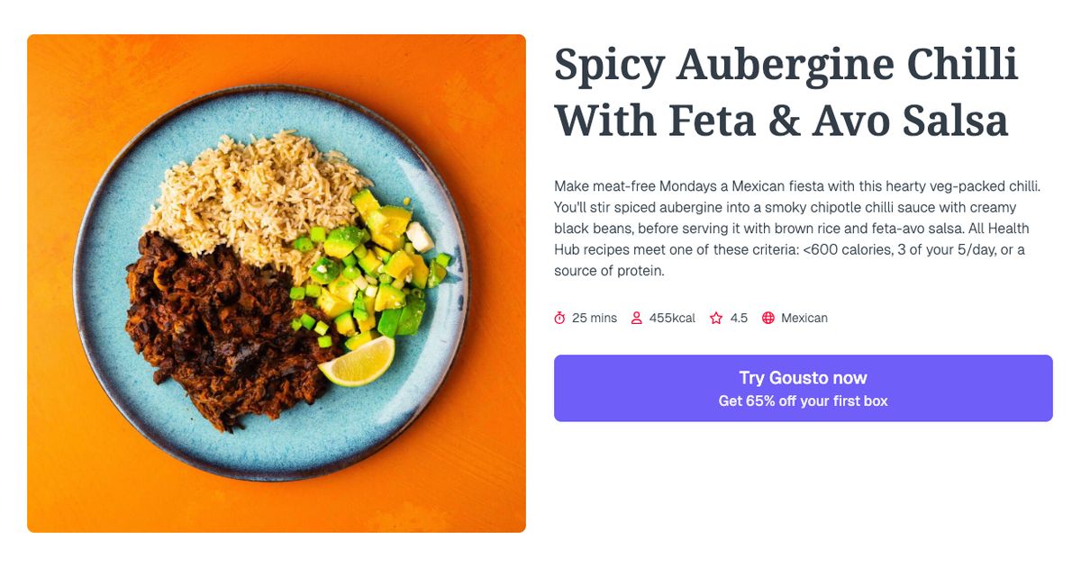 Spicy Aubergine Chilli With Feta & Avo Salsa (25 mins) | Gousto Recipe Search