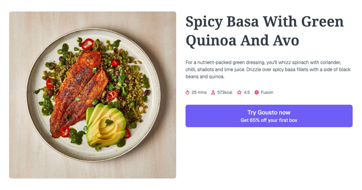 Spicy Basa With Green Quinoa And Avo (25 mins) | Gousto Recipe Search