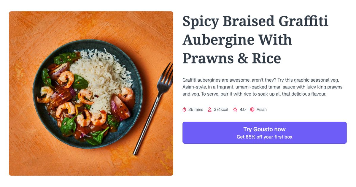 Spicy Braised Graffiti Aubergine With Prawns & Rice (25 mins) | Gousto ...