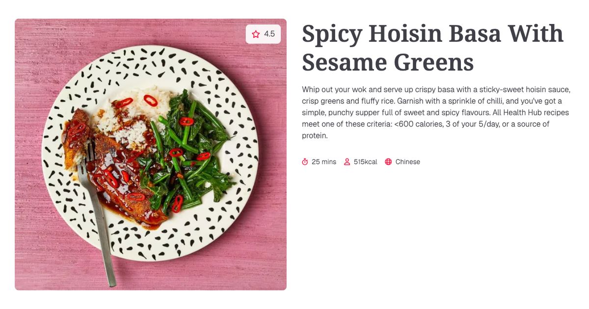 Spicy Hoisin Basa With Sesame Greens (25 mins) | Gousto Recipe Search