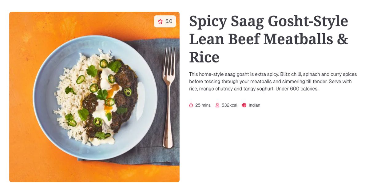 Spicy Saag Gosht-Style Lean Beef Meatballs & Rice (25 mins) | Gousto ...