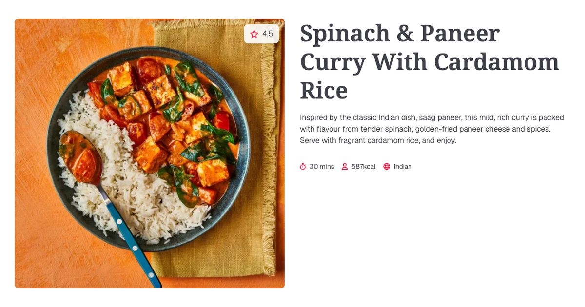 Spinach & Paneer Curry With Cardamom Rice (30 mins) | Gousto Recipe Search