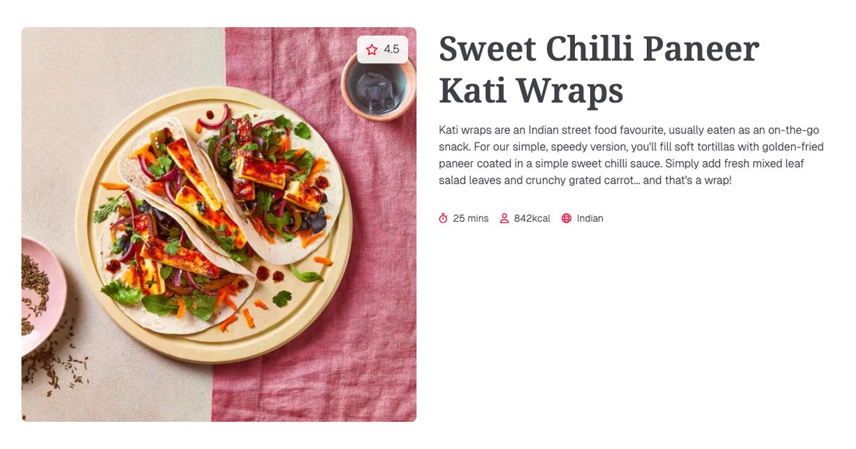 Sweet Chilli Paneer Kati Wraps (25 mins) | Gousto Recipe Search