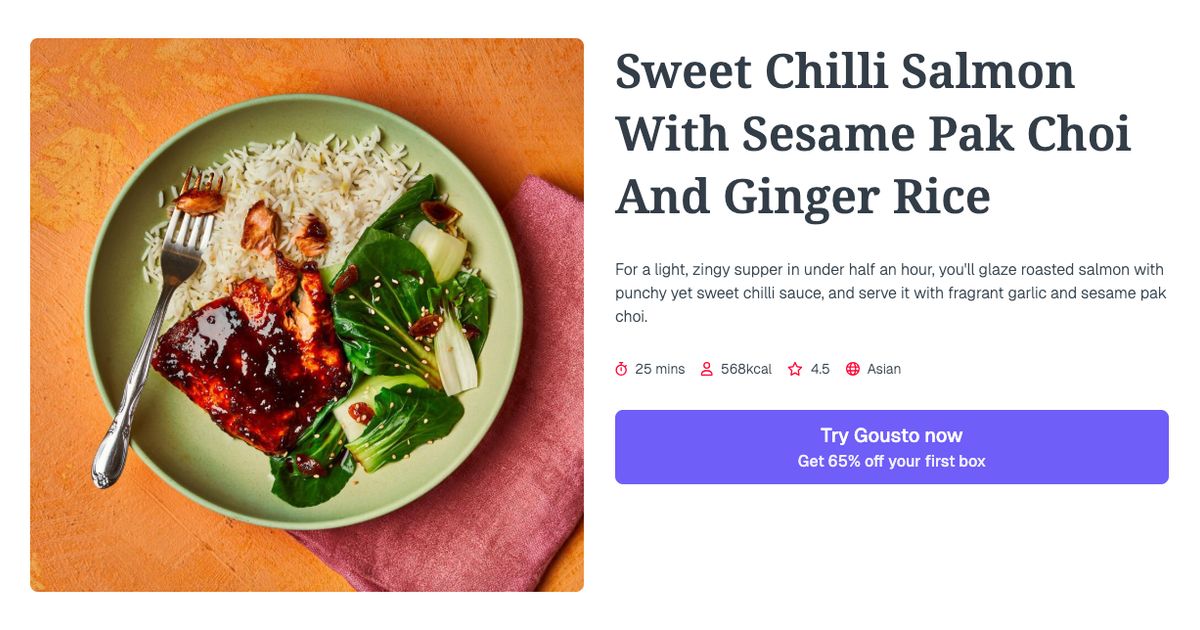 Sweet Chilli Salmon With Sesame Pak Choi And Ginger Rice (25 mins) | Gousto Recipe Search