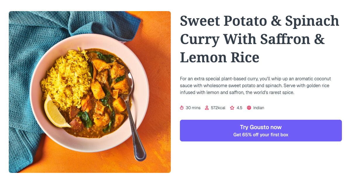 Sweet Potato & Spinach Curry With Saffron & Lemon Rice (30 mins) | Gousto Recipe Search