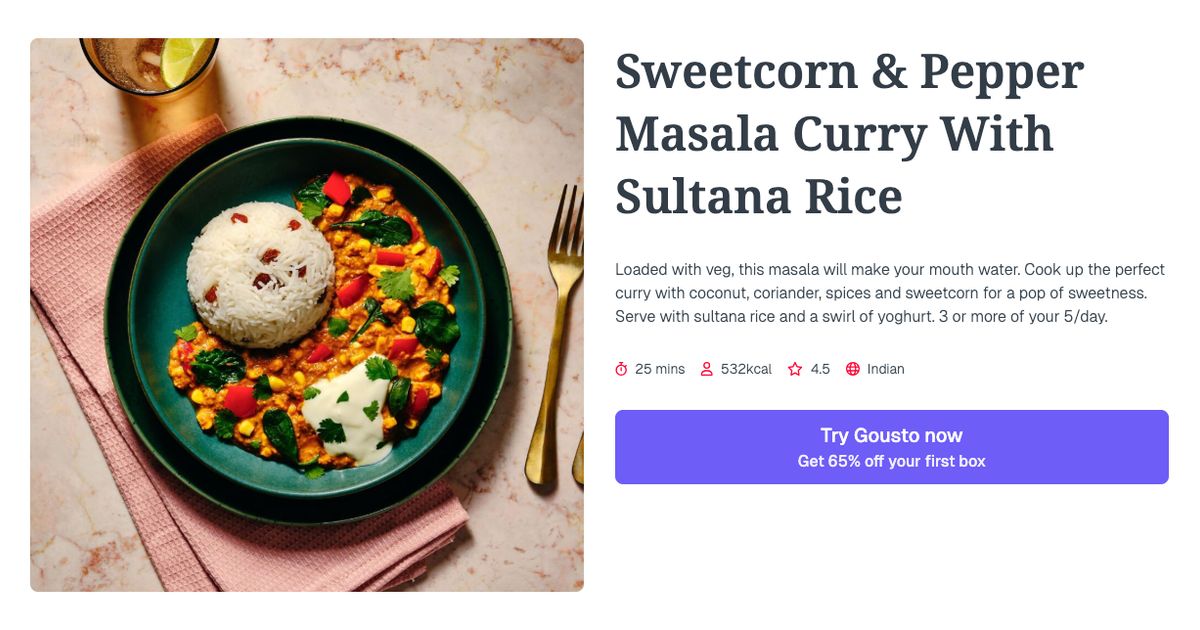 Sweetcorn & Pepper Masala Curry With Sultana Rice (25 mins) | Gousto ...