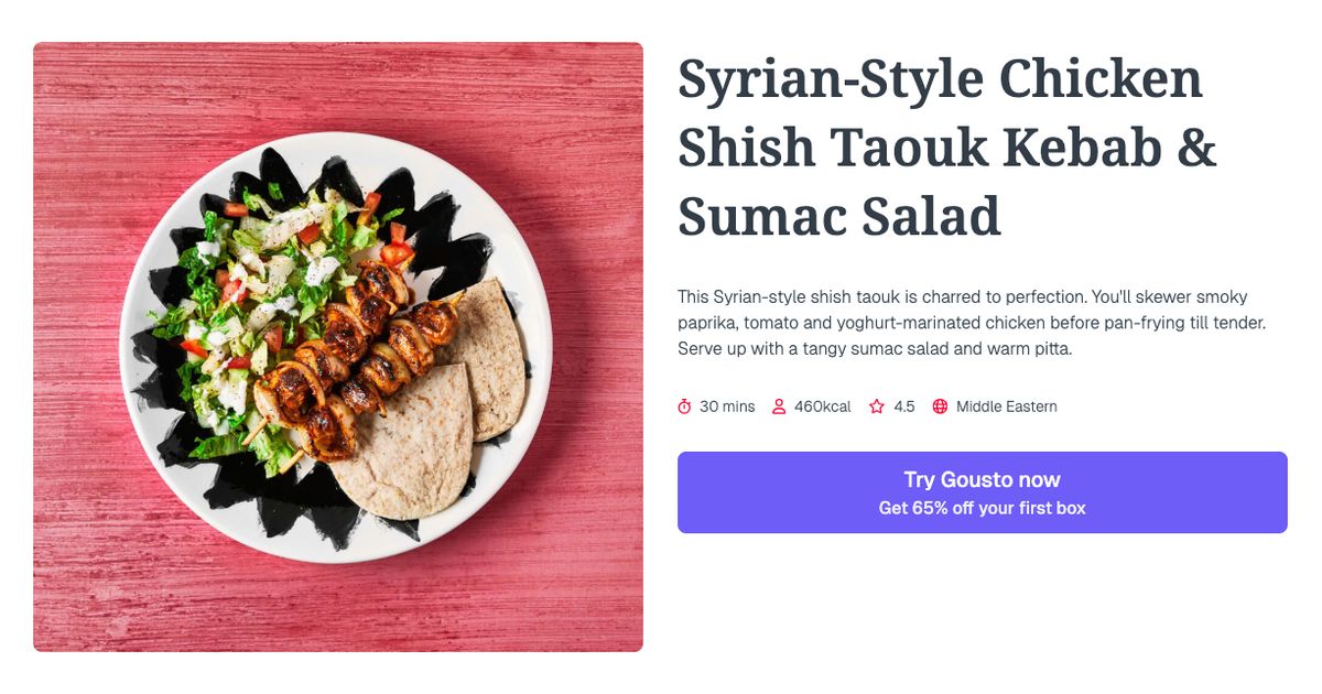 Syrian-Style Chicken Shish Taouk Kebab & Sumac Salad (30 mins) | Gousto ...