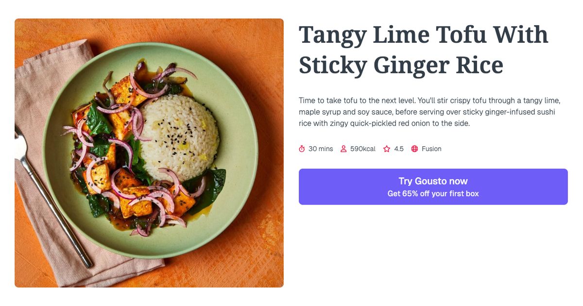 Tangy Lime Tofu With Sticky Ginger Rice (30 mins) | Gousto Recipe Search