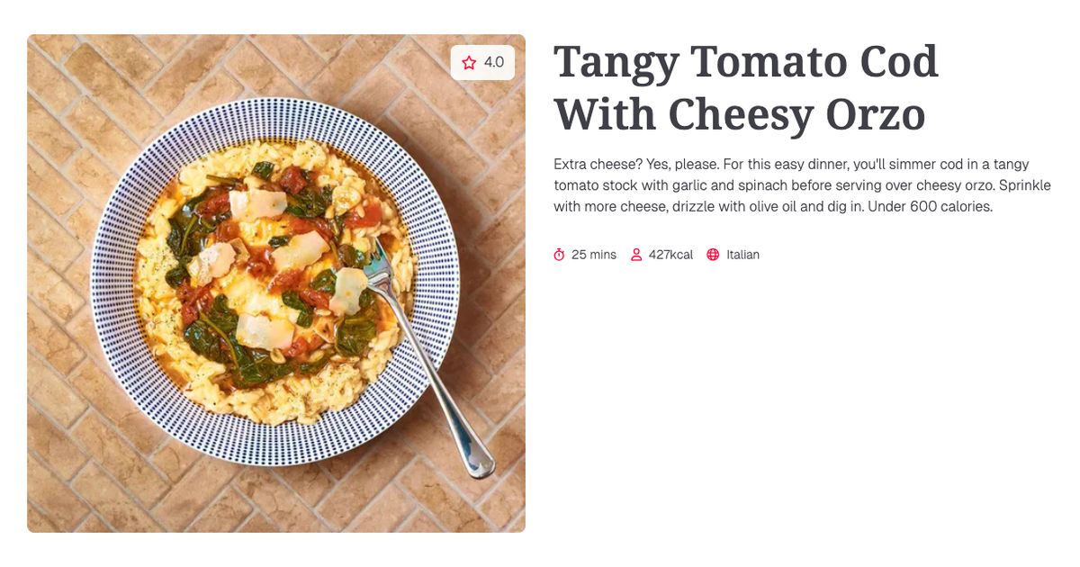 Tangy Tomato Cod With Cheesy Orzo (25 mins) | Gousto Recipe Search