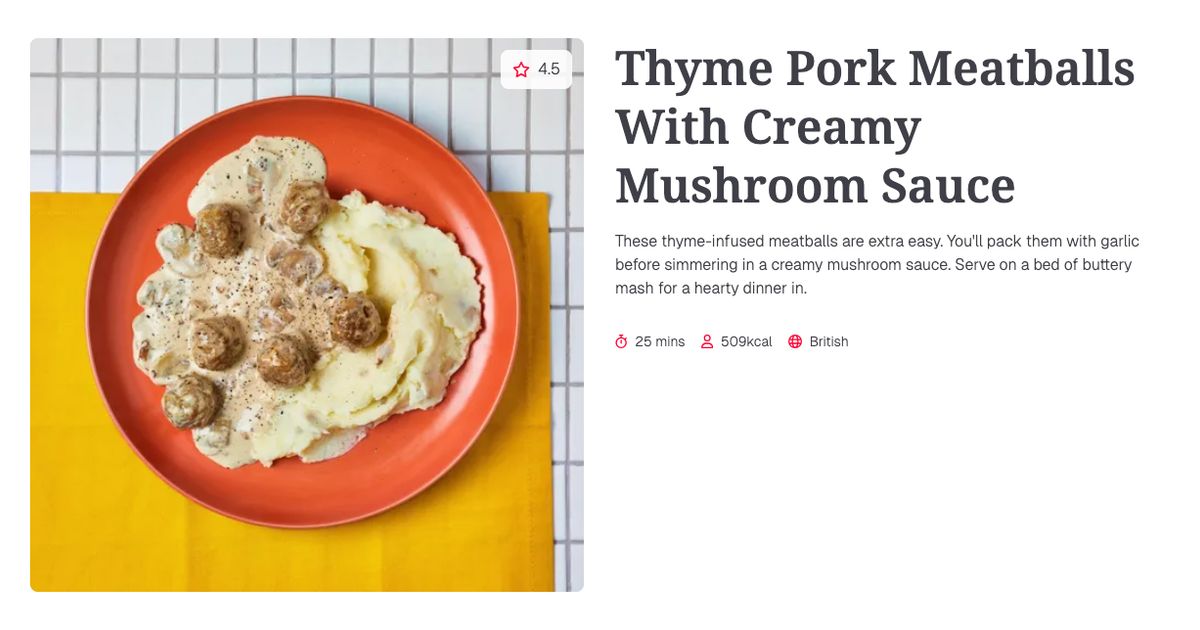 Thyme Pork Meatballs With Creamy Mushroom Sauce (25 mins) | Gousto ...