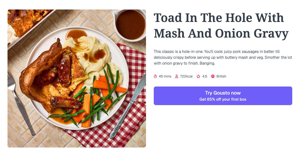 Toad In The Hole With Mash And Onion Gravy (45 mins) | Gousto Recipe Search