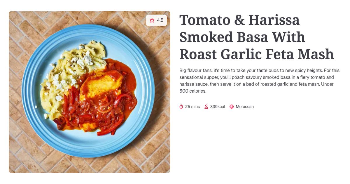 Tomato & Harissa Smoked Basa With Roast Garlic Feta Mash (25 mins ...