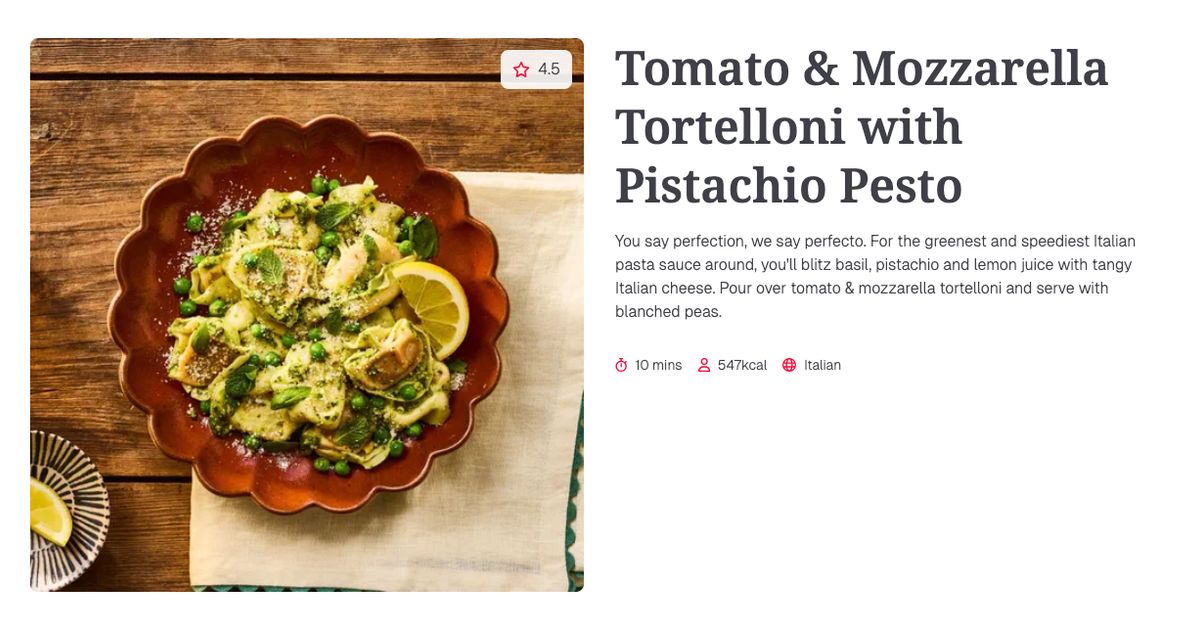 Tomato & Mozzarella Tortelloni with Pistachio Pesto (10 mins) | Gousto ...