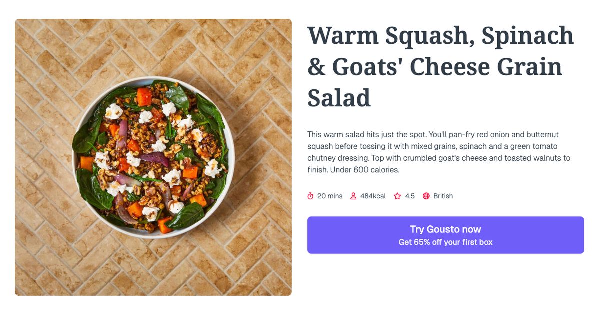 Warm Squash, Spinach & Goats' Cheese Grain Salad (20 mins) | Gousto ...