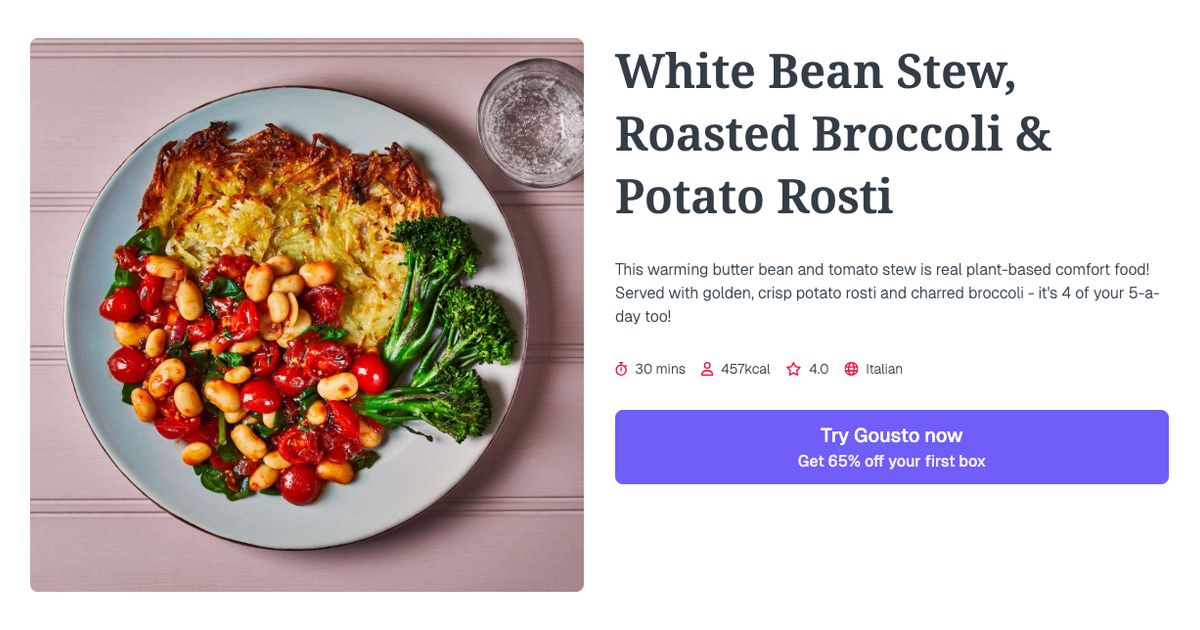 White Bean Stew, Roasted Broccoli & Potato Rosti (30 mins) | Gousto ...