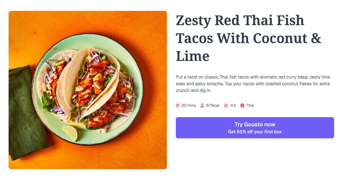 Zesty Red Thai Fish Tacos With Coconut & Lime (20 mins) | Gousto Recipe ...